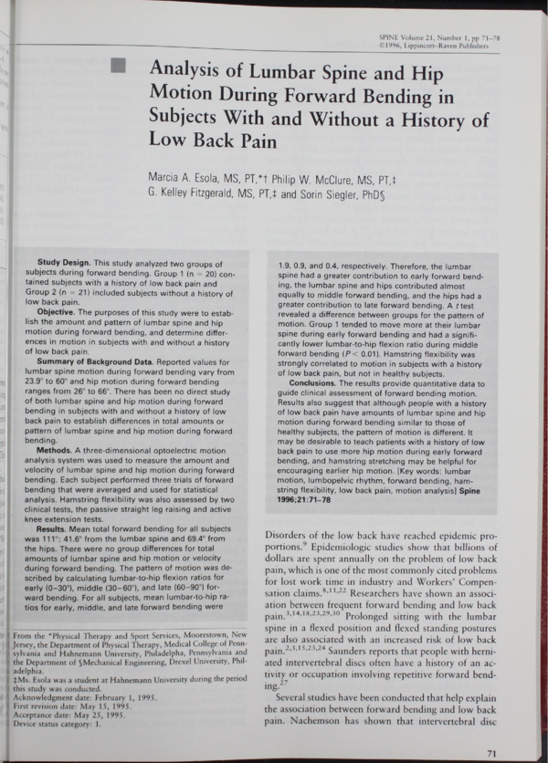 (PDF) Analysis of Lumbar Spine and Hip Motion During Forward Bending in ...
