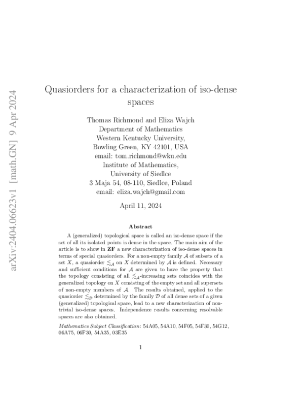(PDF) Quasiorders for a characterization of iso-dense spaces