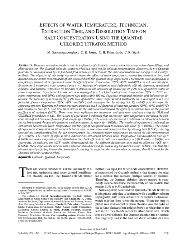 (PDF) Effects of Water Temperature, Technician, Extraction Time, and Dissolution Time on Salt ...