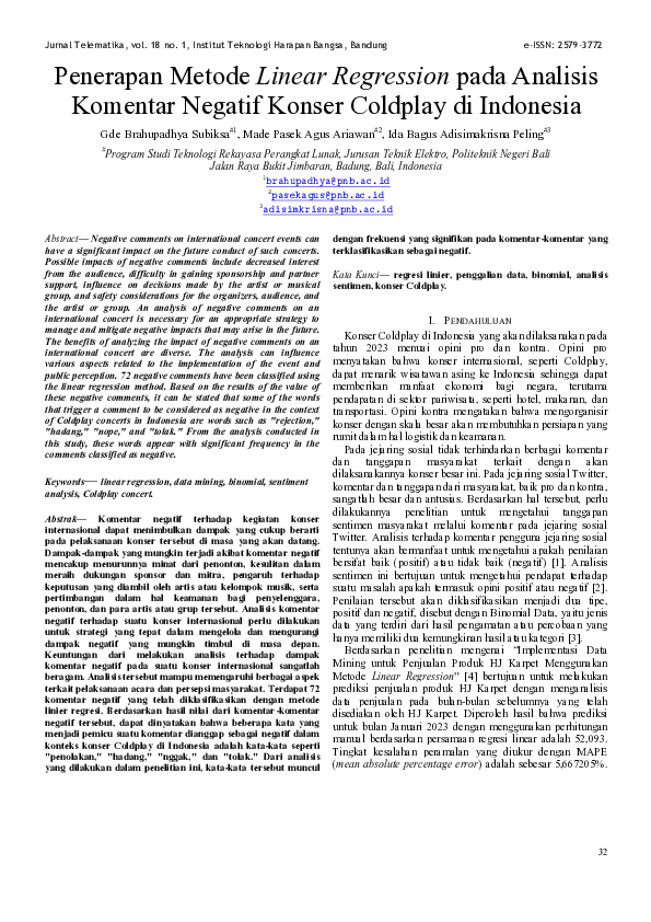(PDF) Penerapan Metode Linear Regression pada Analisis Komentar Negatif Konser Coldplay di Indonesia