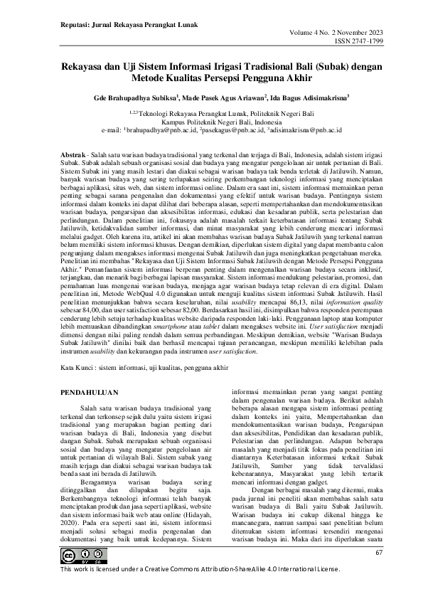 (PDF) Rekayasa dan Uji Sistem Informasi Irigasi Tradisional Bali (Subak) dengan Metode Kualitas ...