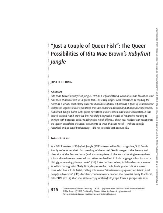 (PDF) “Just a Couple of Queer Fish”: The Queer Possibilities of Rita Mae Brown’s Rubyfruit Jungle