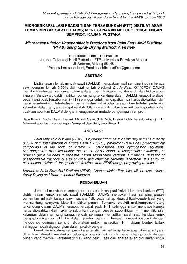 (PDF) Mikroenkapsulasi Fraksi Tidak Tersabunkan (FTT) Distilat Asam Lemak Minyak Sawit (Dalms ...