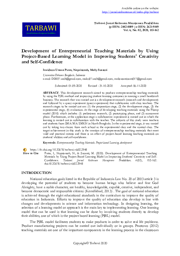 (PDF) Development of Entrepreneurial Teaching Materials by Using Project-Based Learning Model in ...