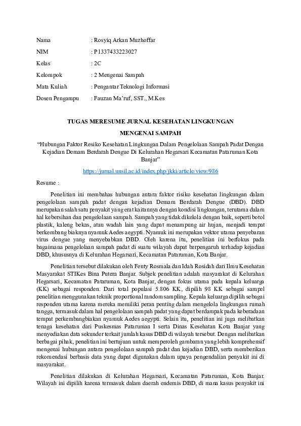 (PDF) RESUME JURNAL Hubungan Faktor Resiko Kesehatan Lingkungan Dalam Pengelolaan Sampah Padat ...
