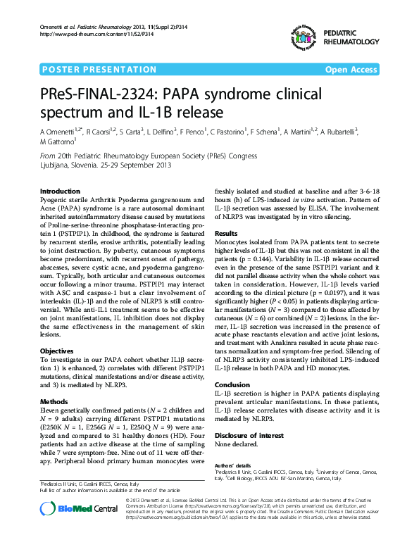 (PDF) PReS-FINAL-2324: PAPA syndrome clinical spectrum and IL-1Β release