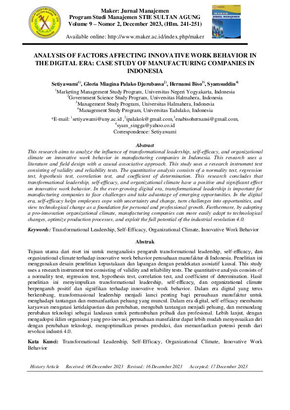 (PDF) Analysis of Factors Affecting Innovative Work Behavior in the Digital Era: Case Study of ...