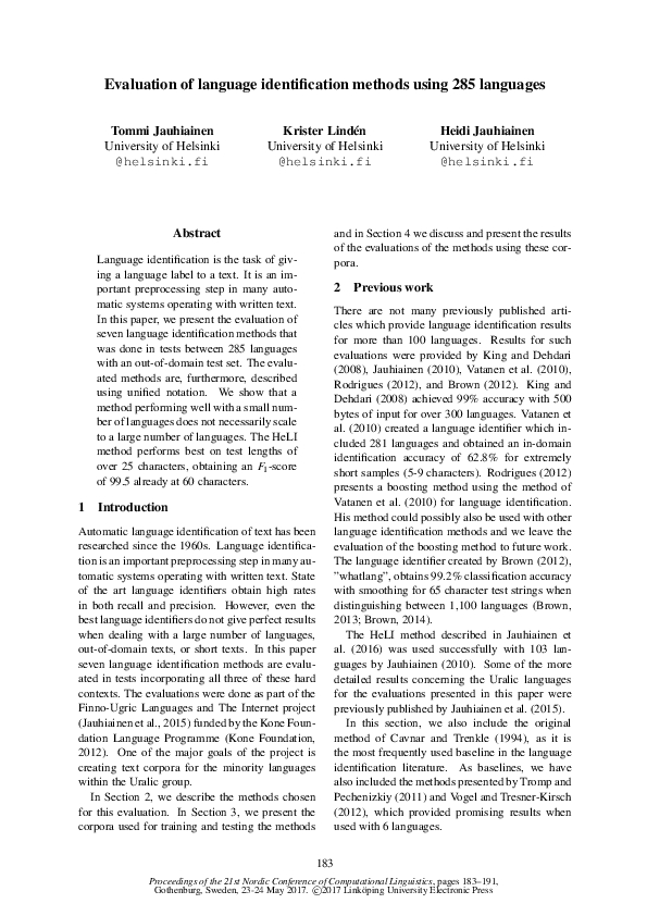 (PDF) Evaluation of language identification methods using 285 languages
