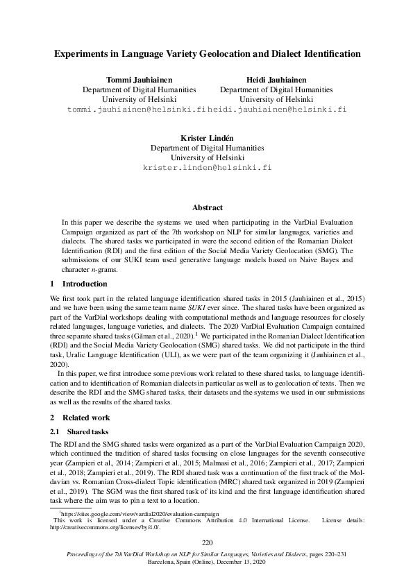 (PDF) Experiments in Language Variety Geolocation and Dialect ...