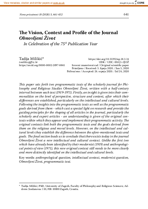 (PDF) The Vision, Context and Profile of the Journal Obnovljeni Život ...
