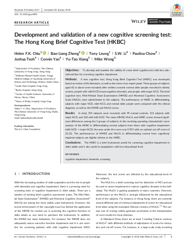 (PDF) Development and validation of a new cognitive screening test: The ...