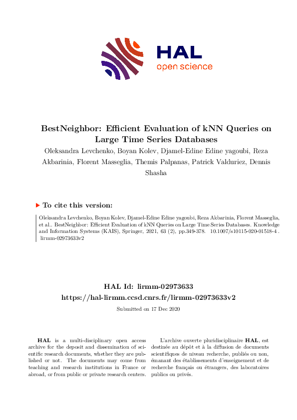 (PDF) BestNeighbor: efficient evaluation of kNN queries on large time series databases