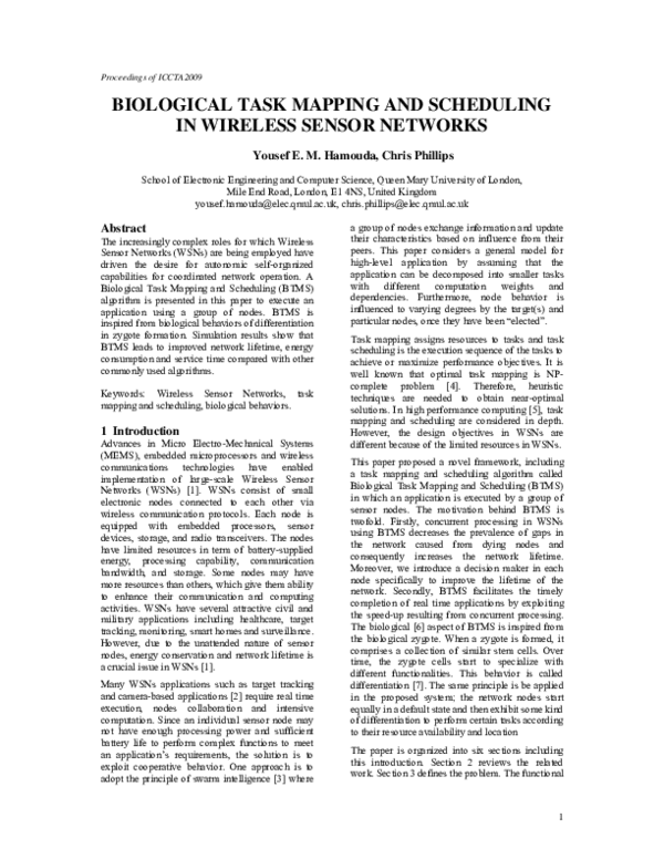 (PDF) Biological Task Mapping and Scheduling in Wireless Sensor Networks