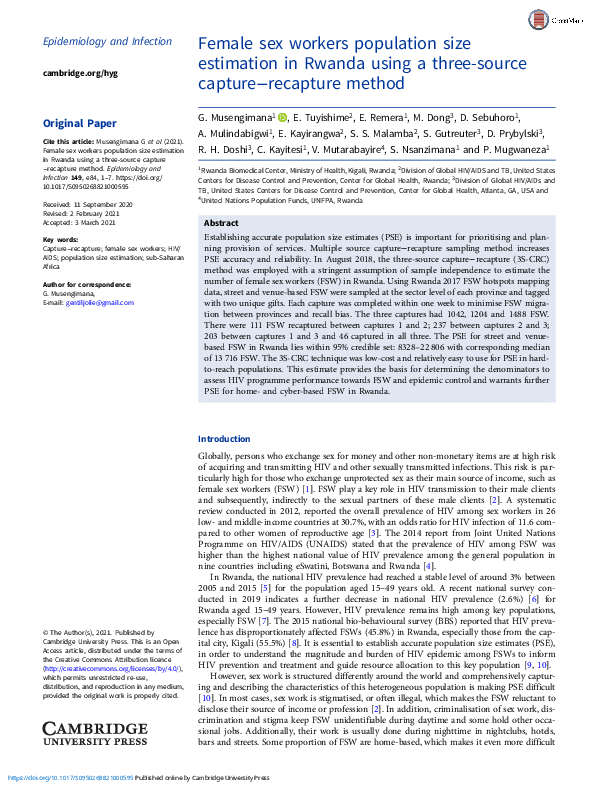 (PDF) Female sex workers population size estimation in Rwanda using a three-source capture− ...