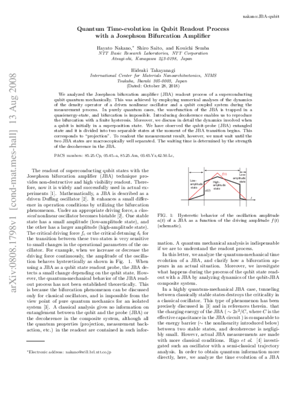 (PDF) Quantum Time Evolution in a Qubit Readout Process with a Josephson Bifurcation Amplifier