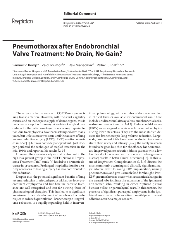 (PDF) Pneumothorax after Endobronchial Valve Treatment: No Drain, No Gain?