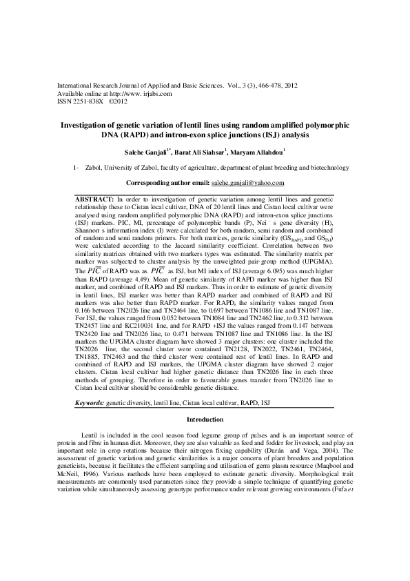 (PDF) Investigation of genetic variation of lentil lines using random amplified polymorphic DNA ...