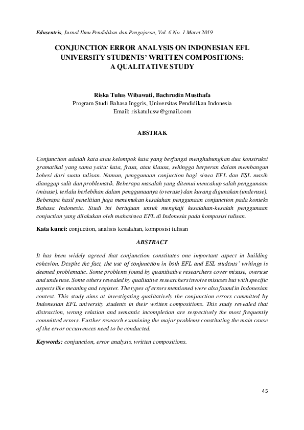 (PDF) Conjunction Error Analysis on Indonesian Efl University Students’ Written Compositions: A ...