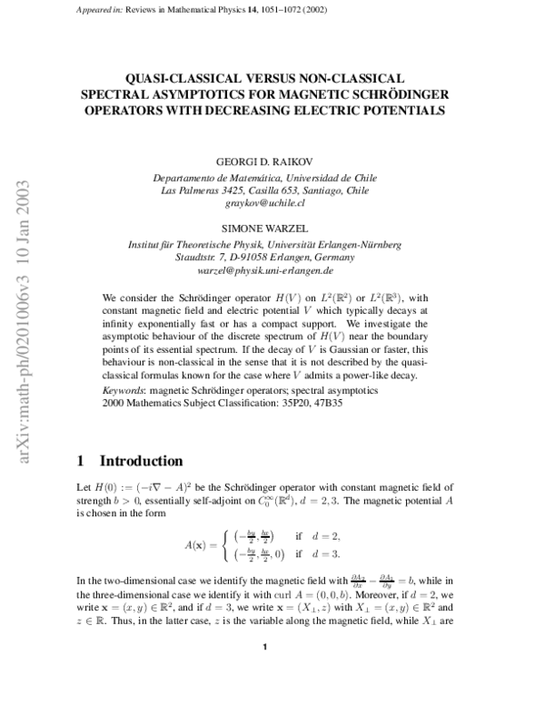 (PDF) Quasi-Classical Versus Non-Classical Spectral Asymptotics for Magnetic Schrödinger ...