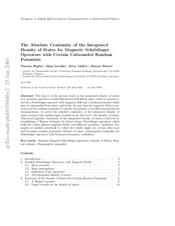 (PDF) The Absolute Continuity of the Integrated Density¶of States for ...