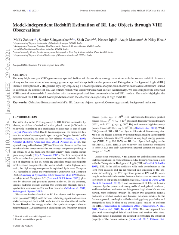 (PDF) Model-independent Redshift Estimation of BL Lac Objects through ...