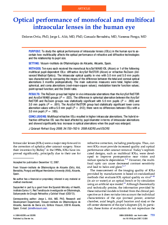 (PDF) Optical performance of monofocal and multifocal intraocular lenses in the human eye