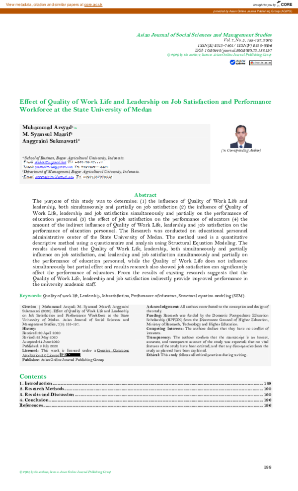 (PDF) Effect of Quality of Work Life and Leadership on Job Satisfaction ...