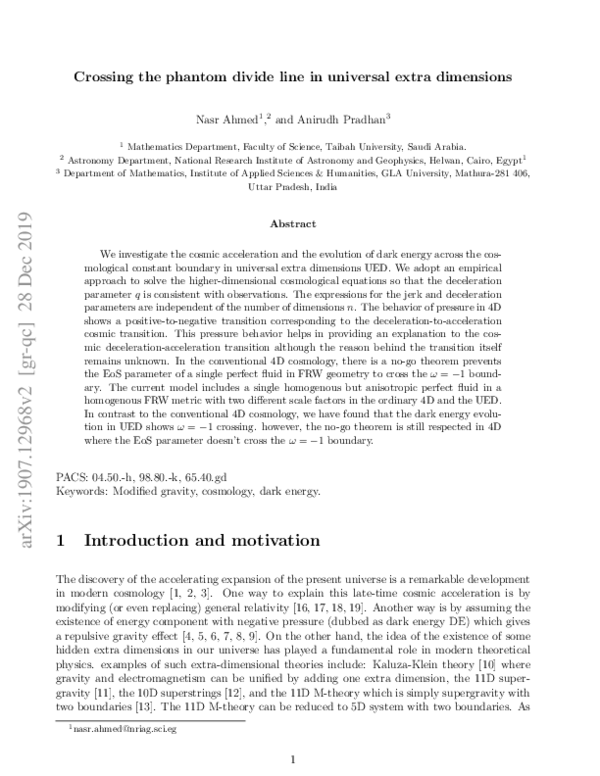 (PDF) Crossing the phantom divide line in universal extra dimensions