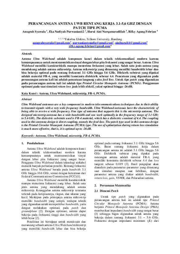 (PDF) PERANCANGAN ANTENA UWB RENTANG KERJA 3.1-5,6 GHZ DENGAN PATCH TIPE PCMA