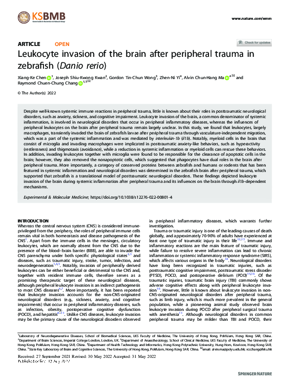 (PDF) Leukocyte invasion of the brain after peripheral trauma in ...