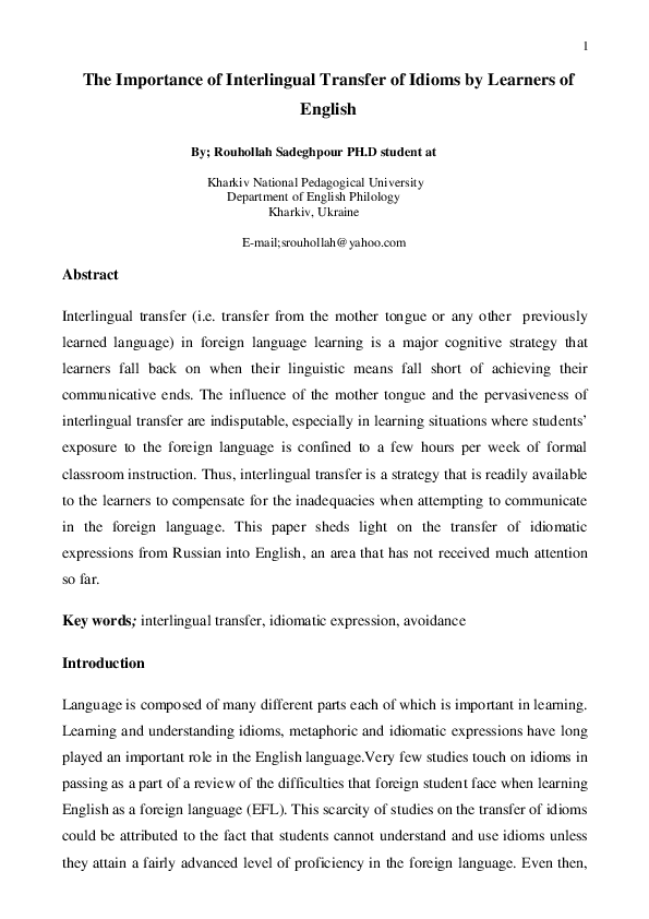 (PDF) The Importance of Interlingual Transfer of Idioms by Learners of ...