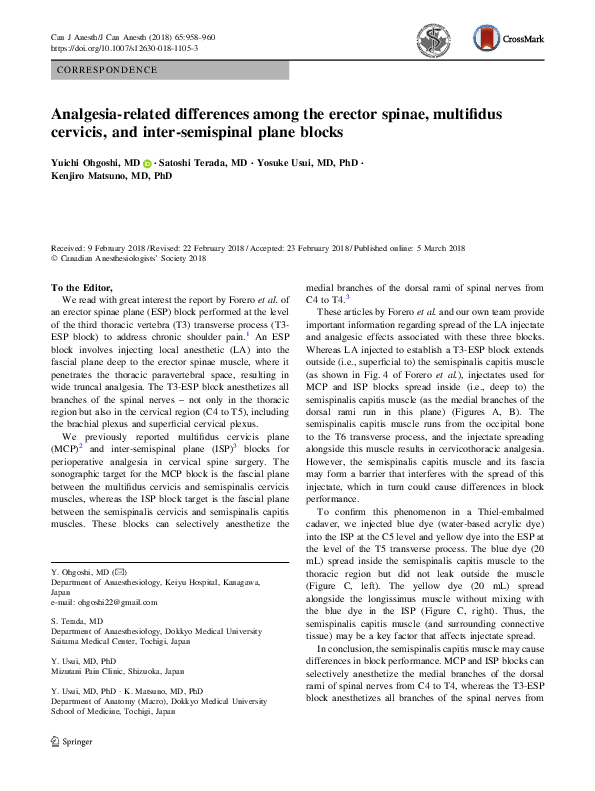 (PDF) Analgesia-related differences among the erector spinae, multifidus cervicis, and inter ...