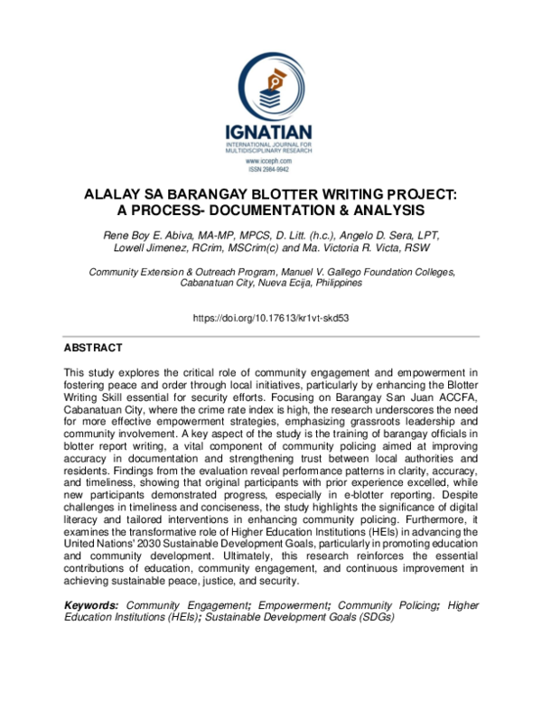 (PDF) ALALAY SA BARANGAY BLOTTER WRITING PROJECT: A PROCESS ...