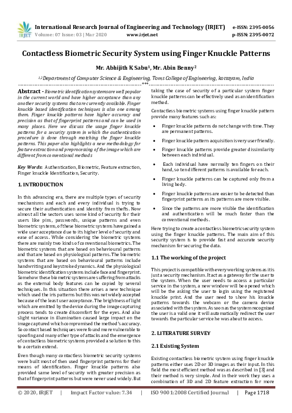 (PDF) Contactless Biometric Security System using Finger Knuckle Patterns