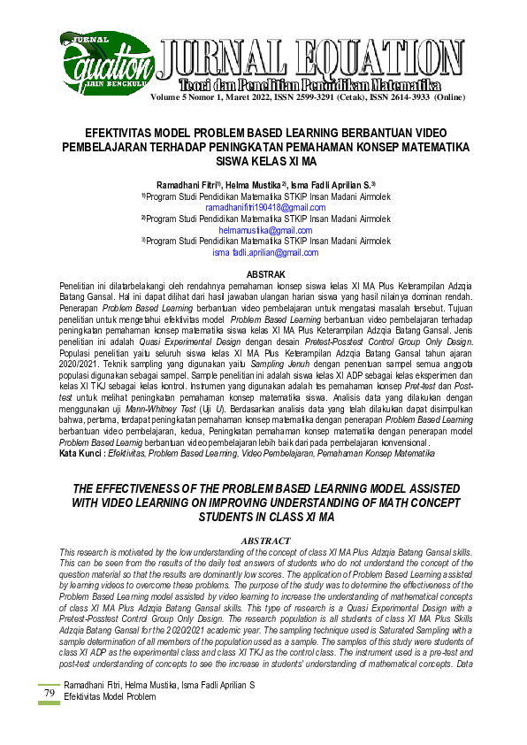 (PDF) Efektivitas Model Problem Based Learning Berbantuan Video Pembelajaran terhadap ...