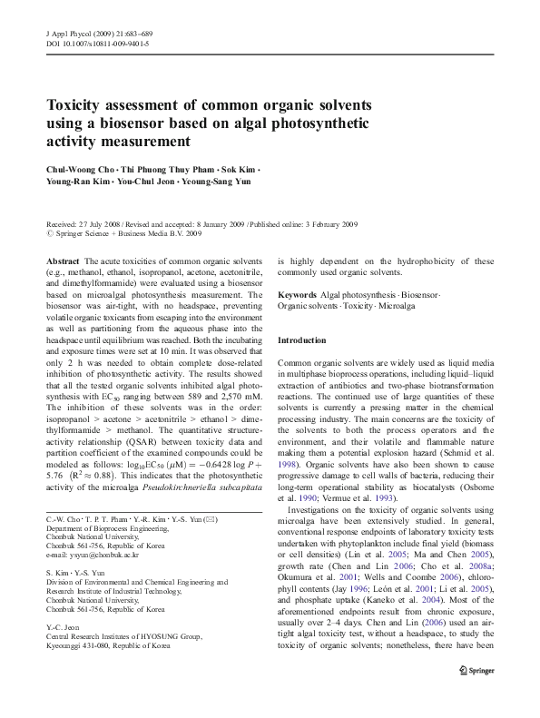 (PDF) Toxicity assessment of common organic solvents using a biosensor ...