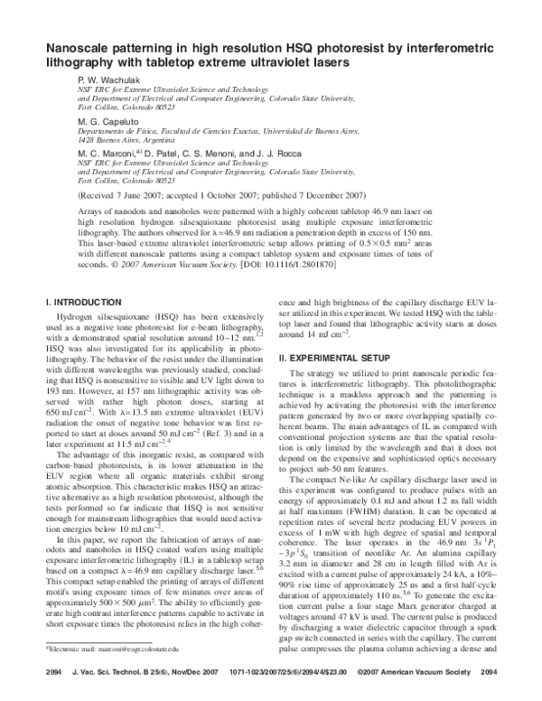 (PDF) Nanoscale patterning in high resolution HSQ photoresist by interferometric lithography ...