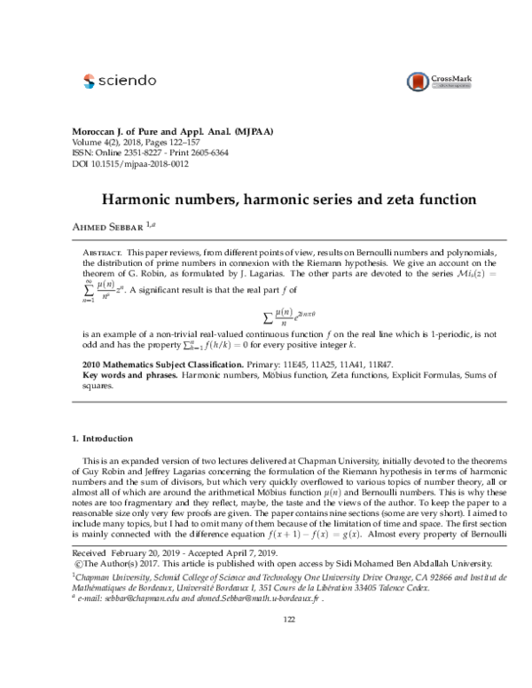 (PDF) Harmonic numbers, harmonic series and zeta function