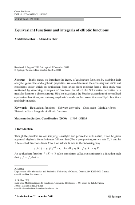 (PDF) Equivariant functions and integrals of elliptic functions