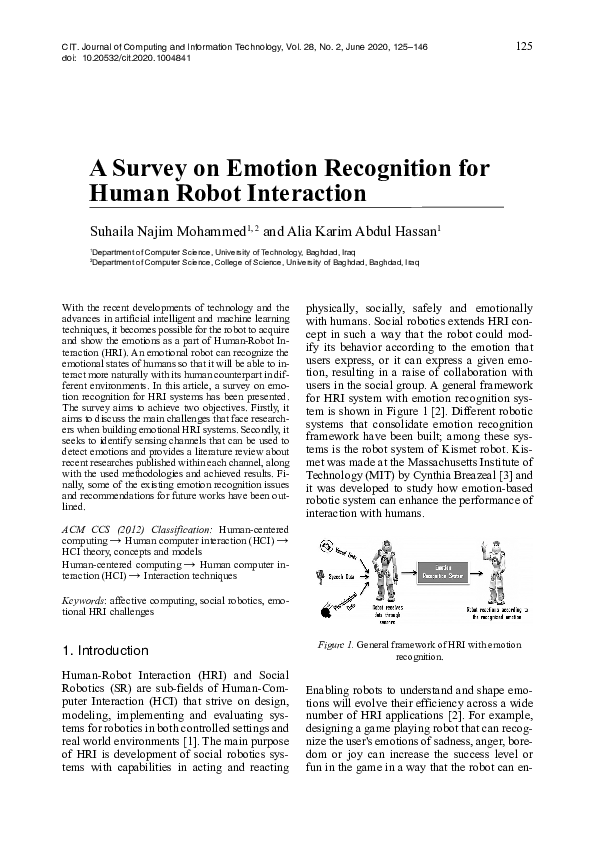 (PDF) A Survey on Emotion Recognition for Human Robot Interaction