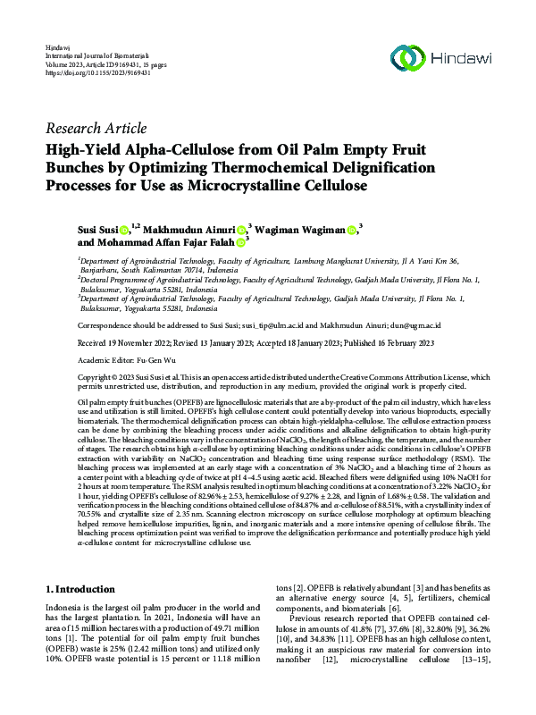 (PDF) High-Yield Alpha-Cellulose from Oil Palm Empty Fruit Bunches by ...