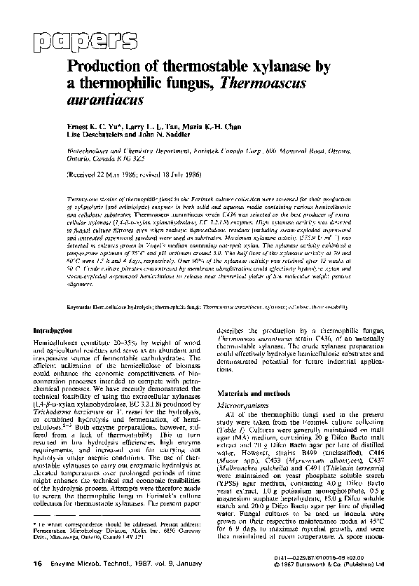 (PDF) Production of thermostable xylanase by a thermophilic fungus, Thermoascus aurantiacus