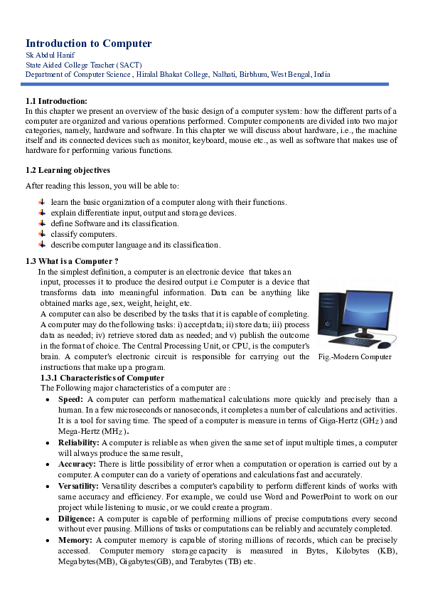 (PDF) Basic Concept of Computer