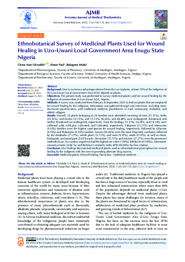 (PDF) Ethnobotanical Survey of Medicinal Plants Used for Wound Healing in Uzo-Uwani Local ...