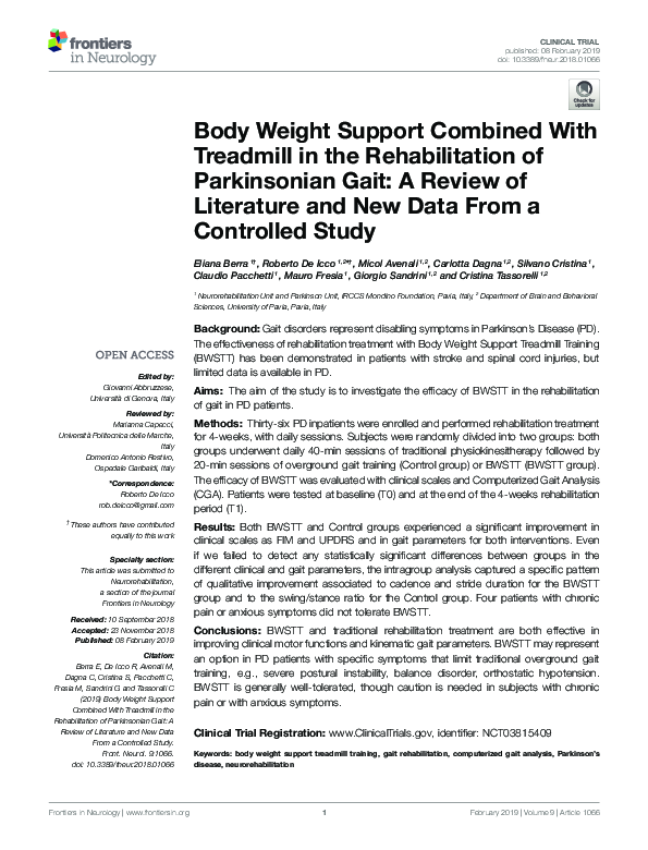 (PDF) Body Weight Support Combined With Treadmill in the Rehabilitation of Parkinsonian Gait: A ...