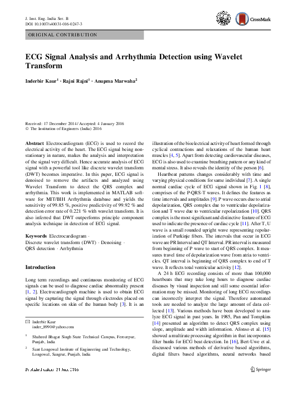 Pdf Ecg Signal Analysis And Arrhythmia Detection Using Wavelet Transform