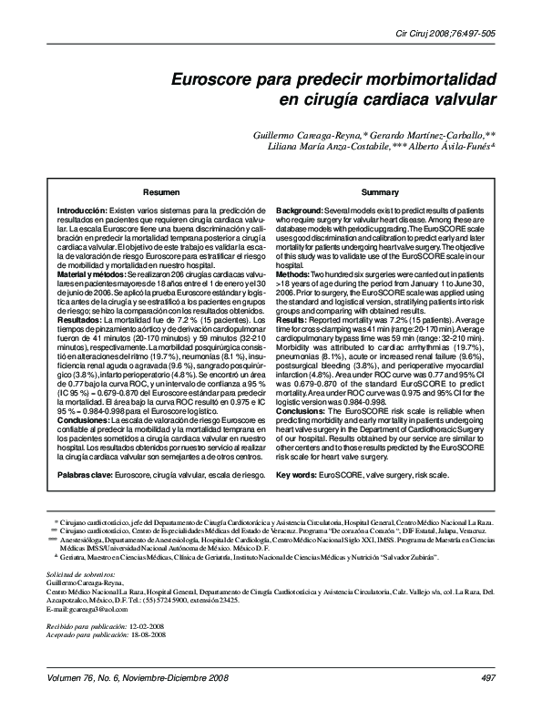 (PDF) Euroscore para predecir morbimortalidad en cirugía cardiaca valvular