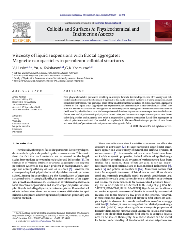 (PDF) Viscosity of liquid suspensions with fractal aggregates: Magnetic ...