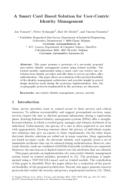 (PDF) A Smart Card Based Solution for User-Centric Identity Management