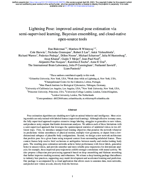 (PDF) Lightning Pose: improved animal pose estimation via semi-supervised learning, Bayesian ...